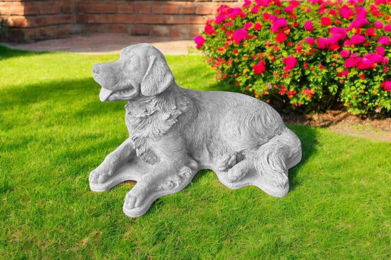 Concrete Golden Retriever Dog Sculpture 15" Massive Laying Dog Statue ...