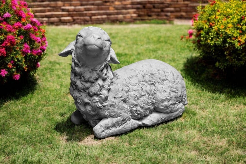 Laying Lamb Statue 8" Stone Farm Sheep Figure, Concrete Rustic Style ...