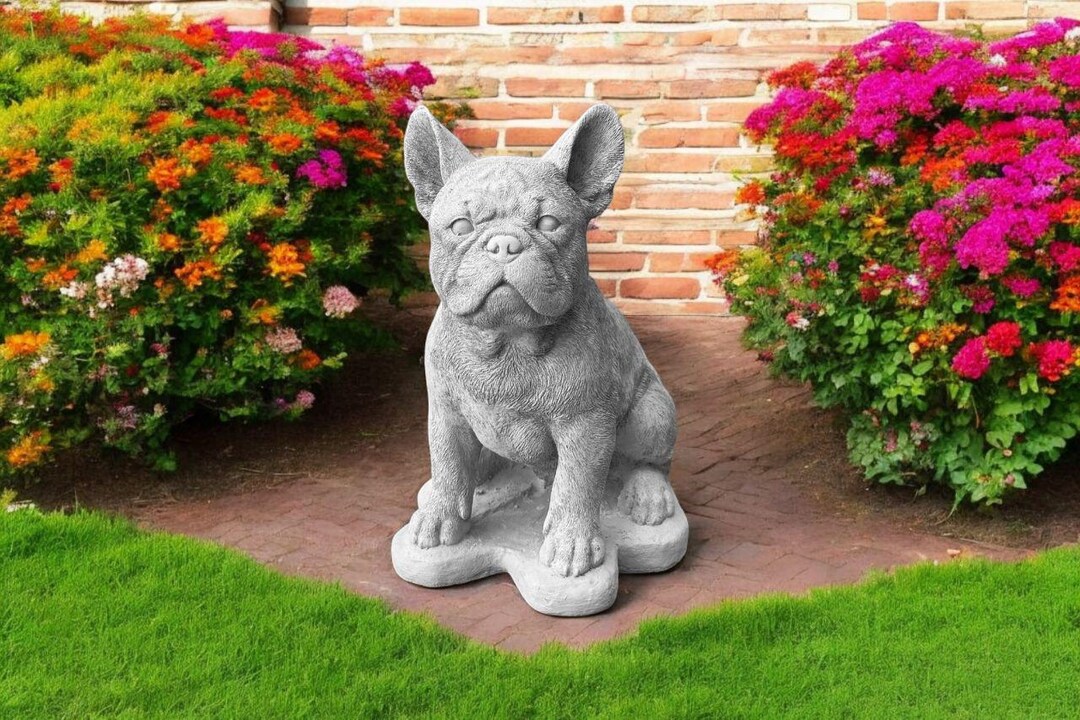 Bulldog on Base Statue 12" Concrete Sitting Dog Figure, Outdoor Dog ...