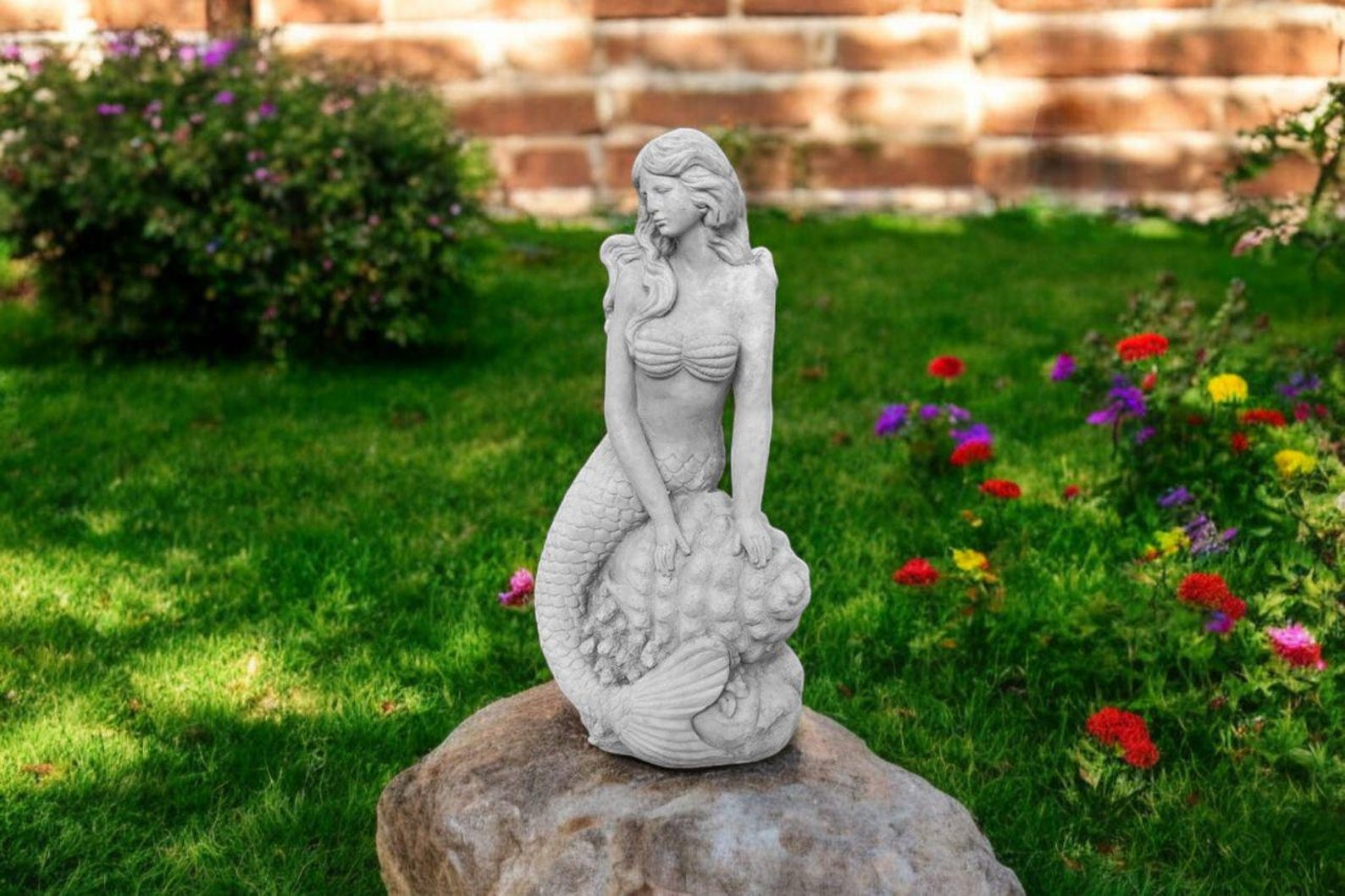 Garden Mermaid Figure 24" Concrete Sitting Girl on Stand Statue ...
