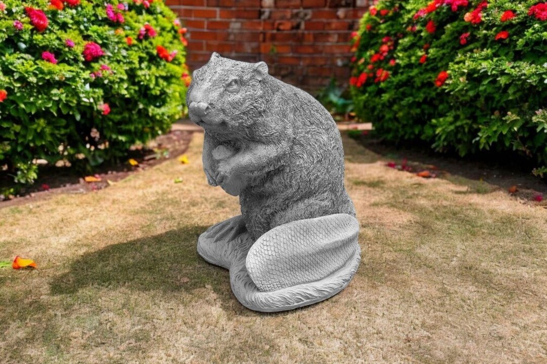 Stone Beaver Figure 11" Garden Cement Beaver Decor, Outdoor Water ...