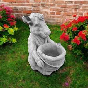 Cow With Plant Pot 13" Stone Cow Sculpture, Outdoor Flower Pot, Farm ...