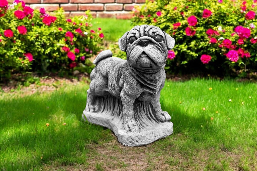 Concrete Puppy Pug Statue 6" Standing Pug on Base Figure, Pet Memorial ...
