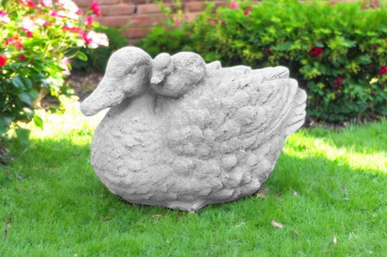 Stone Duck With Duckling Figure 6" Duckling Garden Figurine, Concrete ...