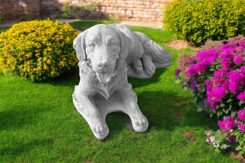 Concrete Golden Retriever Dog Sculpture 15" Massive Laying Dog Statue ...