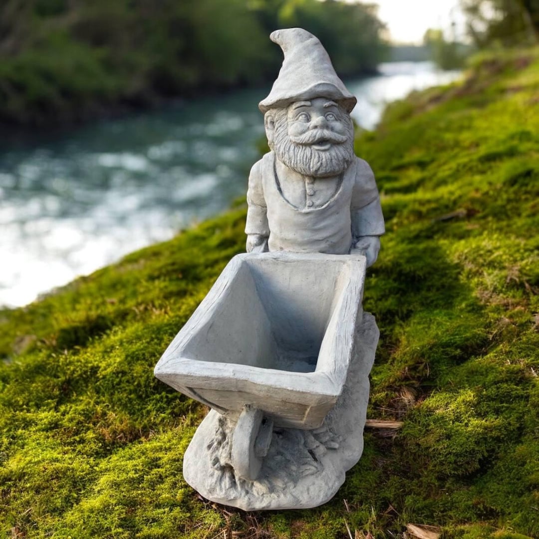 Stone Gnome Statue 18" Gnome With Wheelbarrow, Gnome Home Decor, Garden ...