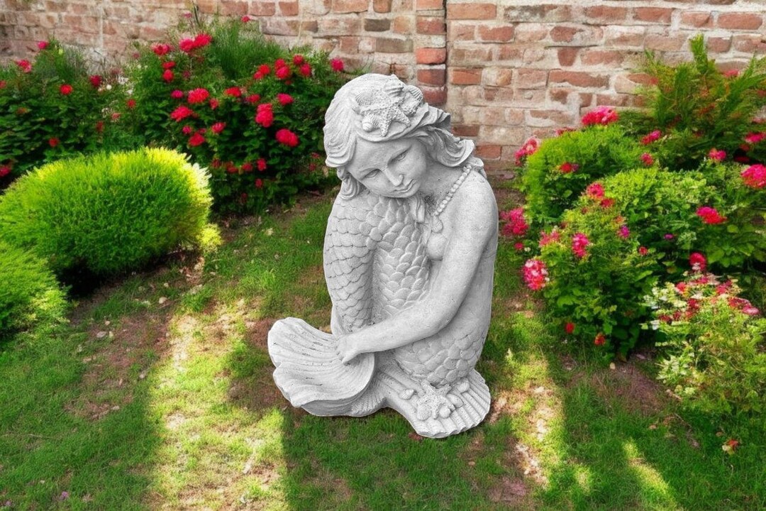 Sitting Mermaid Girl 13" Concrete Sea Mermaid, Outdoor Girl Sculpture ...