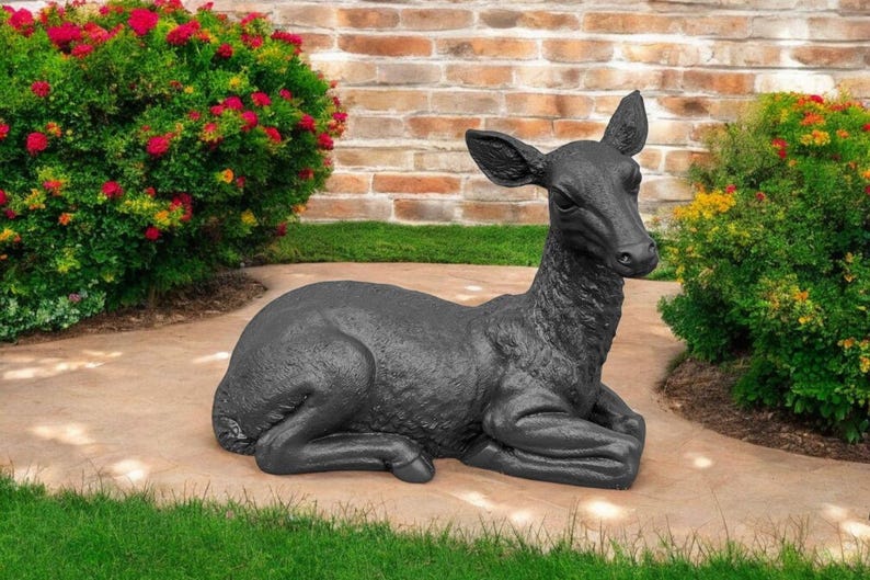 Concrete Black Deer Statue 14" Garden Black Fawn Sculpture, Stone Farm ...