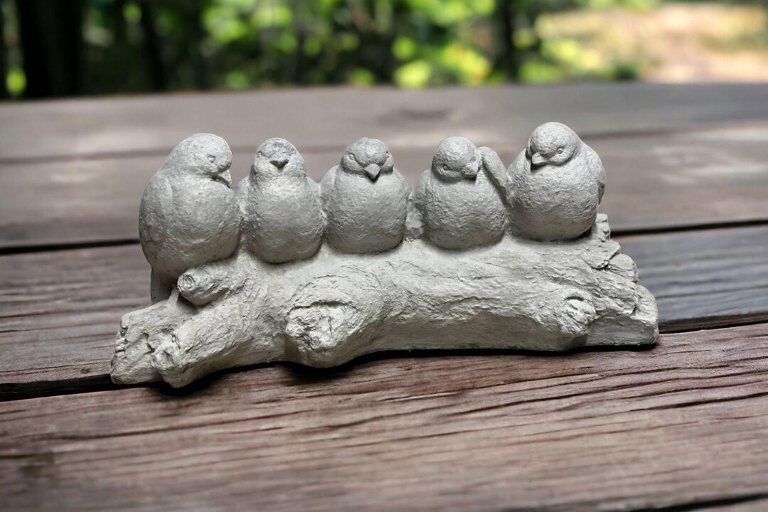 Concrete Birds on Stump 6" Five Birds Sitting on Log Sculpture, Cement ...