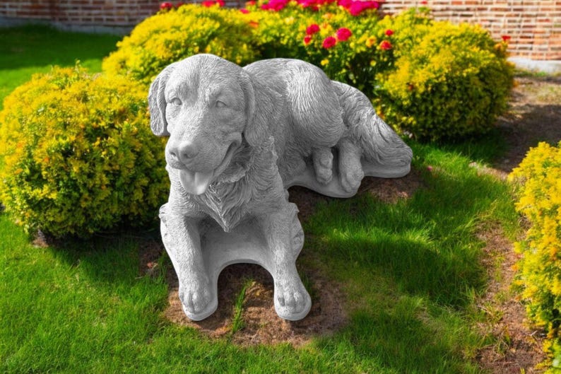 Concrete Golden Retriever Dog Sculpture 15" Massive Laying Dog Statue ...