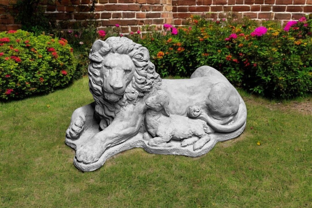 Laying Lion With Lamb Figure 14" Concrete Resting Animals Statue ...