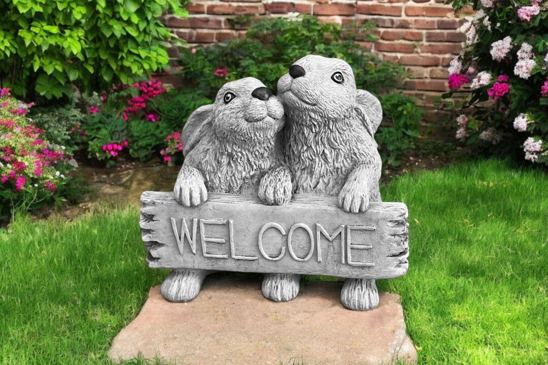 Realistic Welcome Rabbits Sculpture 10" Concrete Pair of Bunny Figurine ...