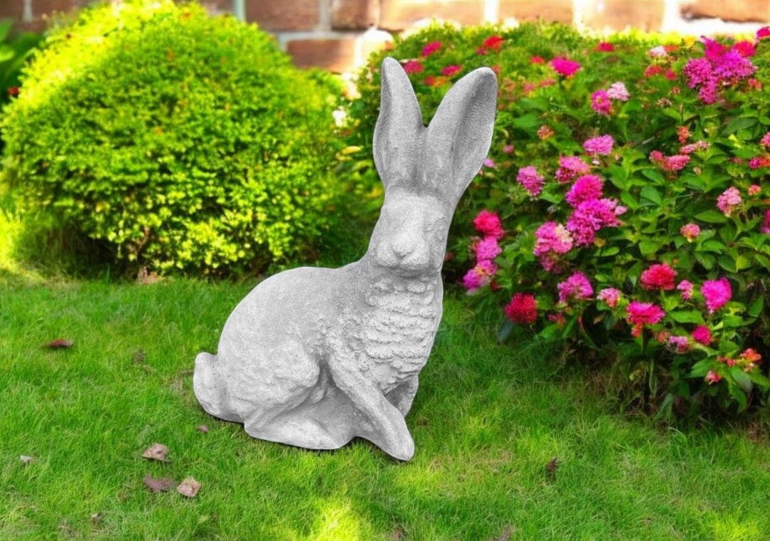 Stone Sitting Rabbit Statue 13" Backyard Bunny With Long Ears Sculpture ...