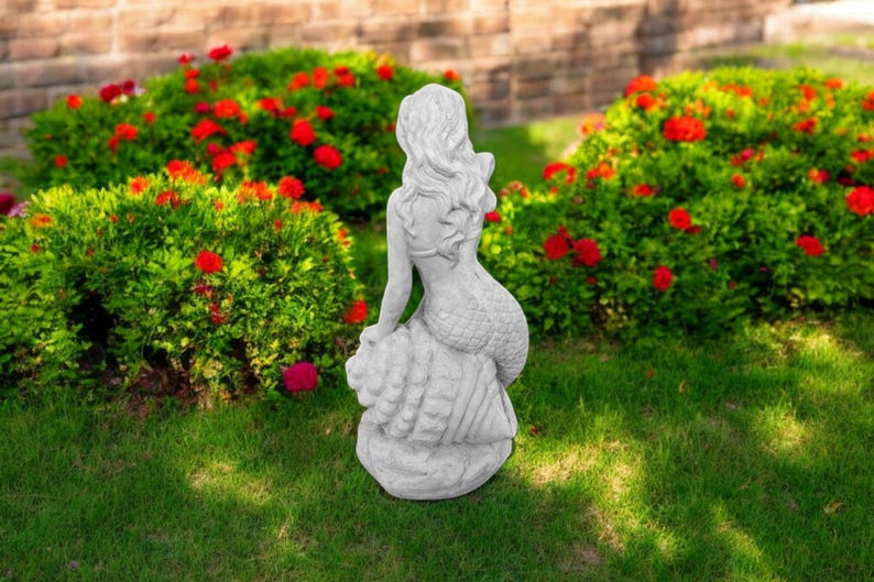 Garden Mermaid Figure 24" Concrete Sitting Girl on Stand Statue ...