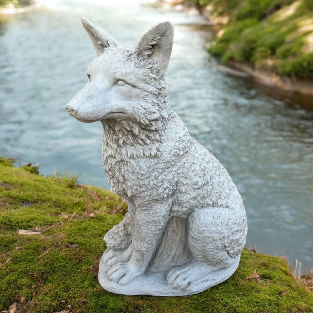 Stone Sitting Fox 19" Concrete Fox Figurine, Forest Animal Statue, Wild ...