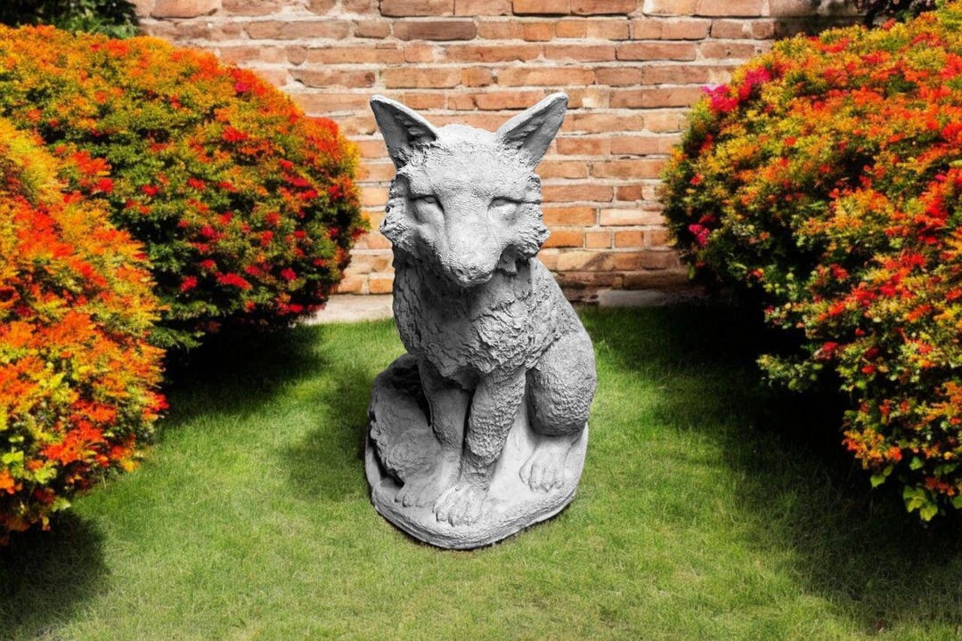Concrete Sitting Fox Statue 19" Garden Wild Animal Figurine, Massive ...