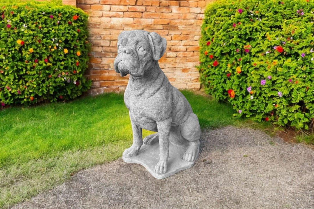 Large Boxer Dog Statue 20" Yard Sitting Dog on Base Sculpture, Garden ...