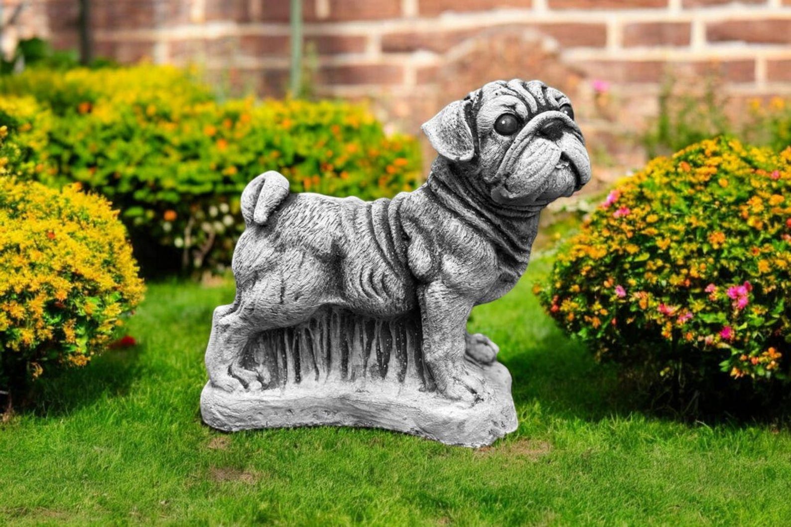 Concrete Puppy Pug Statue 6" Standing Pug on Base Figure, Pet Memorial ...