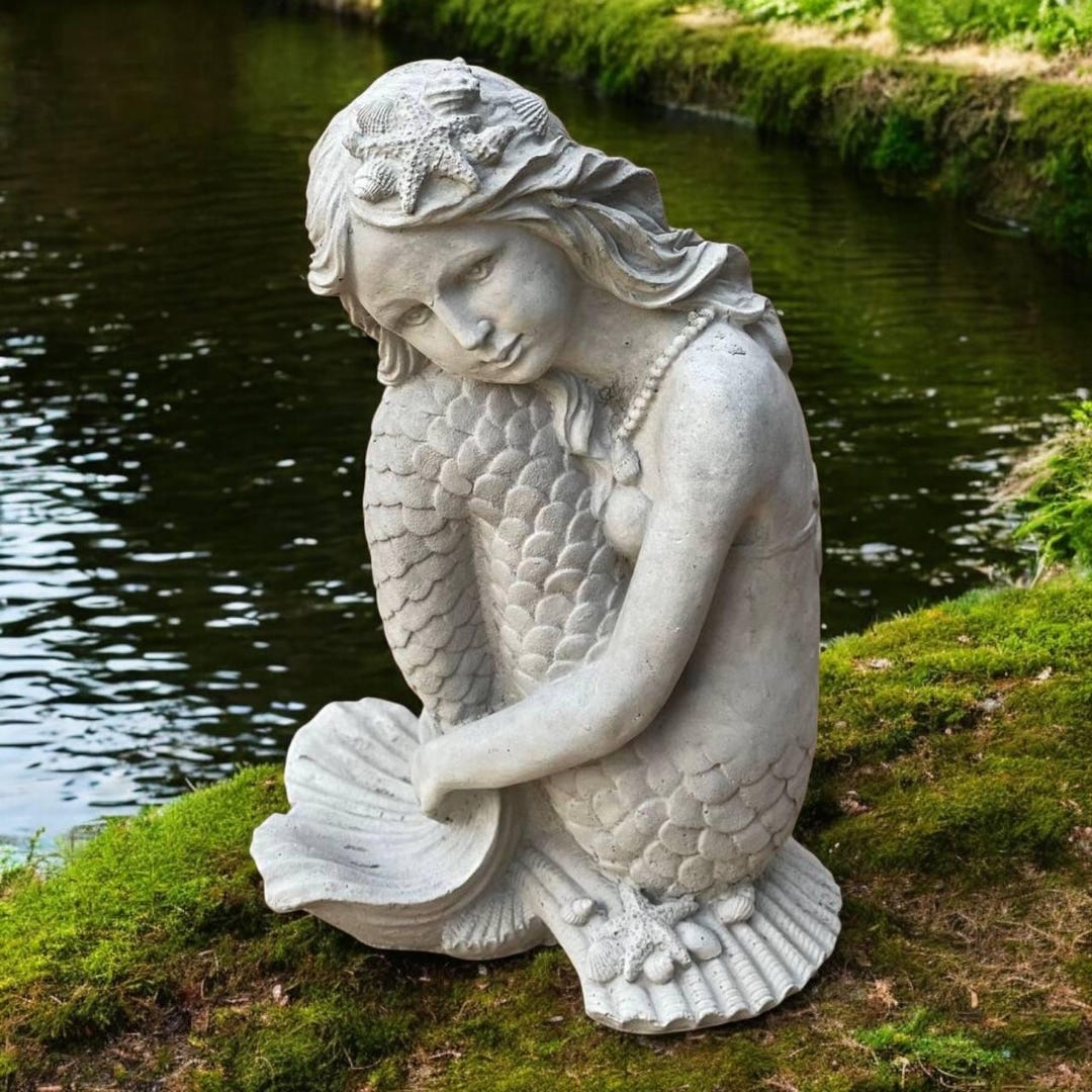 Mermaid Girl Statue 13" Concrete Sculpture, Sitting Mermaid, Sea Home ...