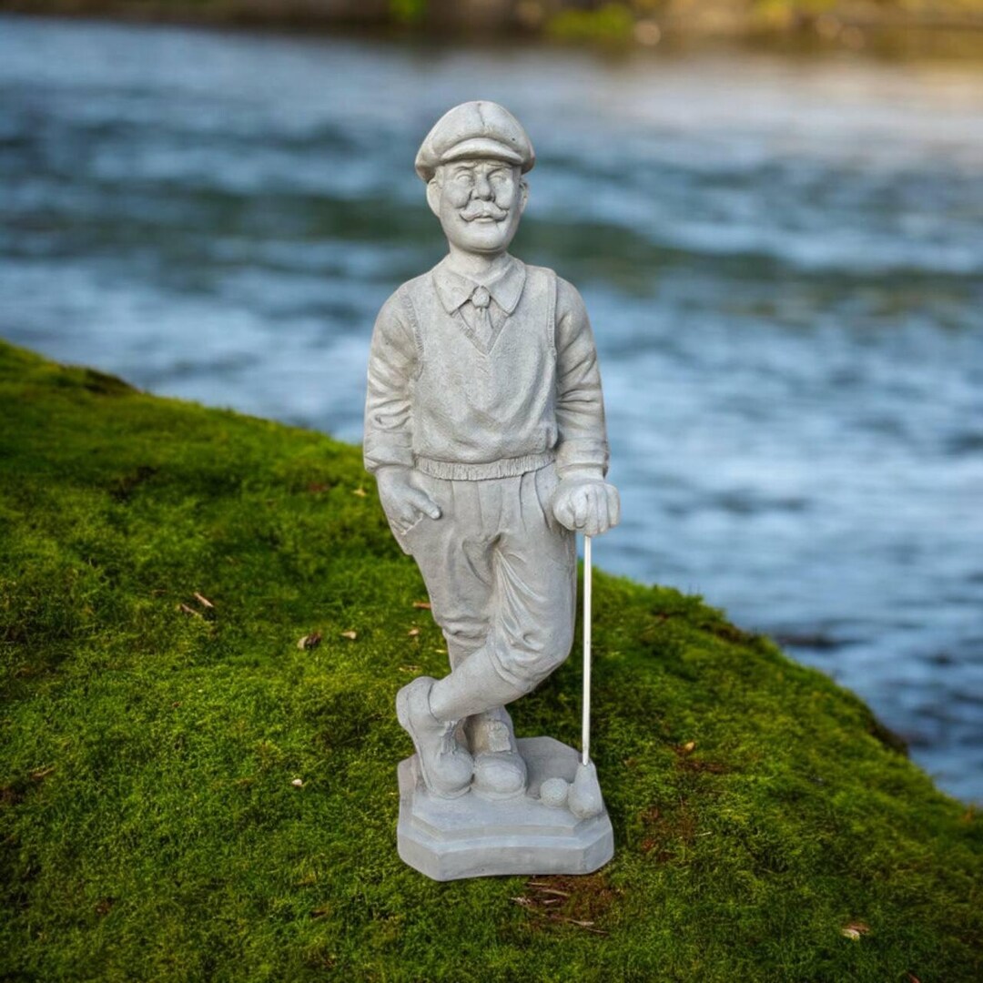 Man With Club 33" Concrete Golfer Sculpture, Standing Man Figurine ...