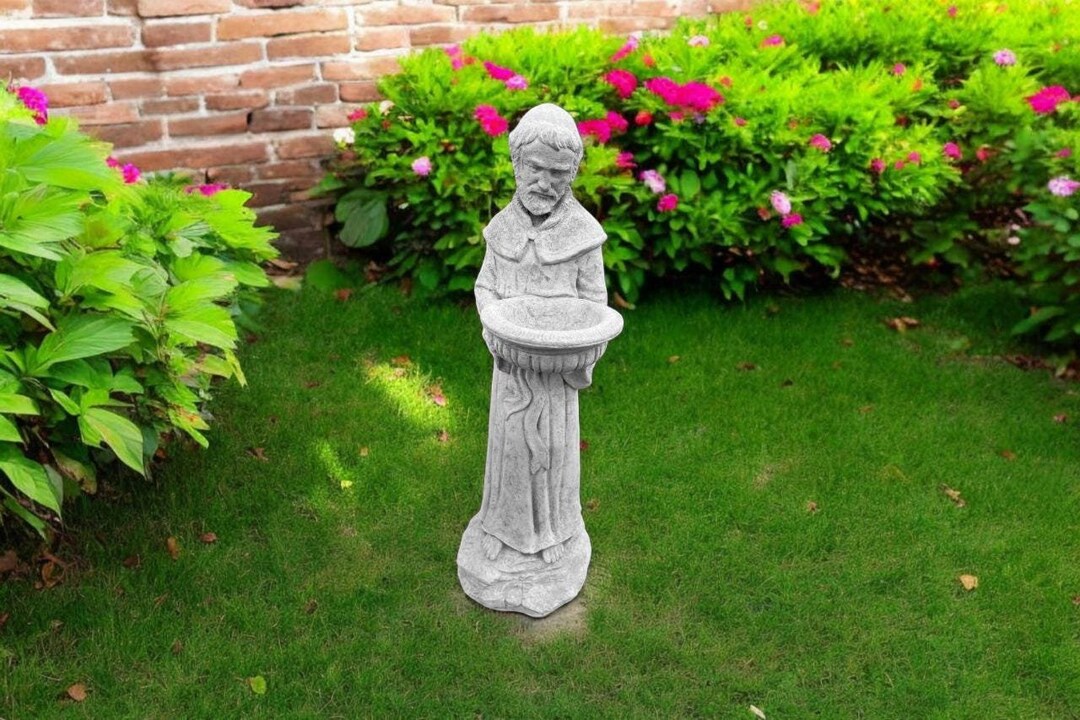 Standing Monk With Dish 22" Stone Monk Man, Man With Bird Feeder ...