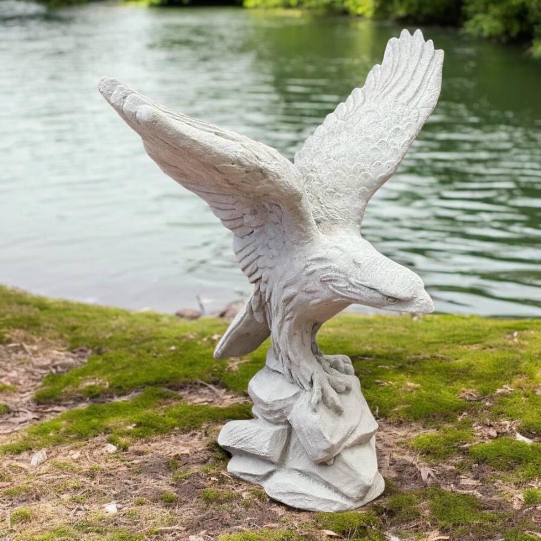 Stone Eagle Sculpture 13" Bird Figure, Eagle Sitting on Rock, Outdoor ...