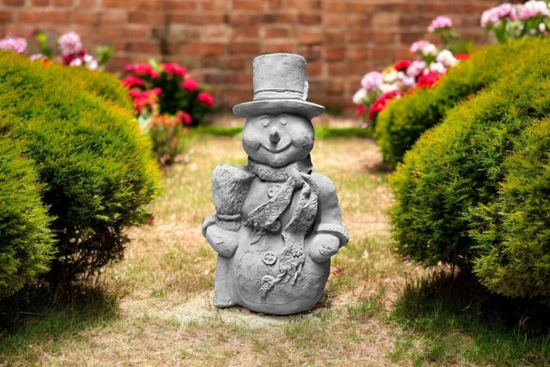 Concrete Snowman Figure 9" Garden Snowman Statue, Backyard or Patio ...