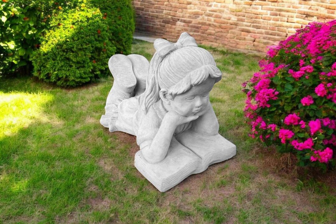 Concrete Girl With Book 13" Lawn Kid Ornament, Garden Child Decoration ...
