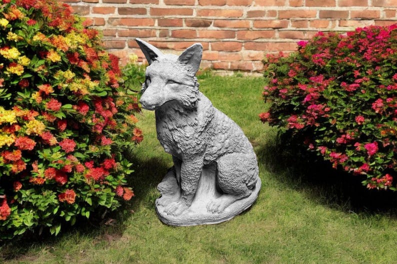 Concrete Sitting Fox Statue 19" Garden Wild Animal Figurine, Massive ...