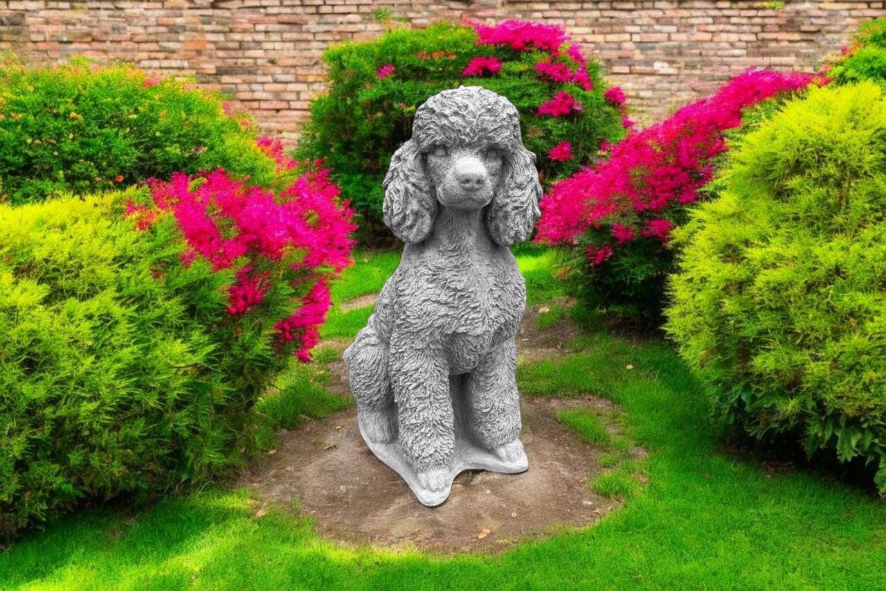 Outdoor Poodle Statue 20" Garden Dog Ornament, Stone Pet, Sitting ...