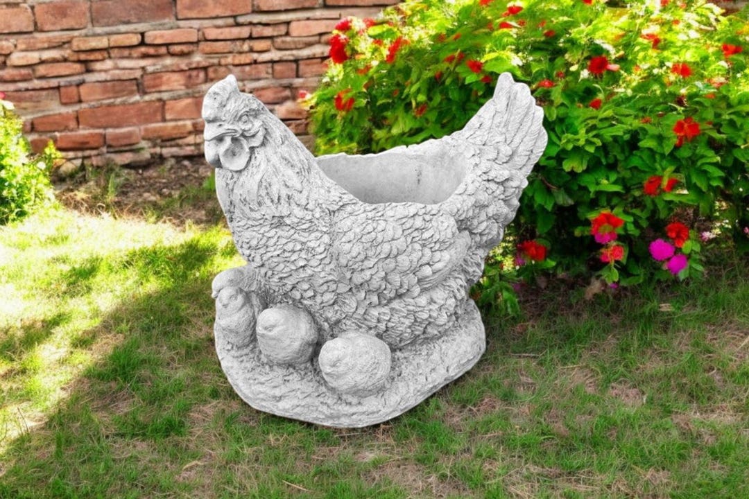 Concrete Chicken Statue 10" Outdoor Flower Pot, Animal Planter, Chicken ...
