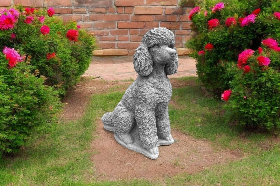 Outdoor Poodle Statue 20" Garden Dog Ornament, Stone Pet, Sitting ...