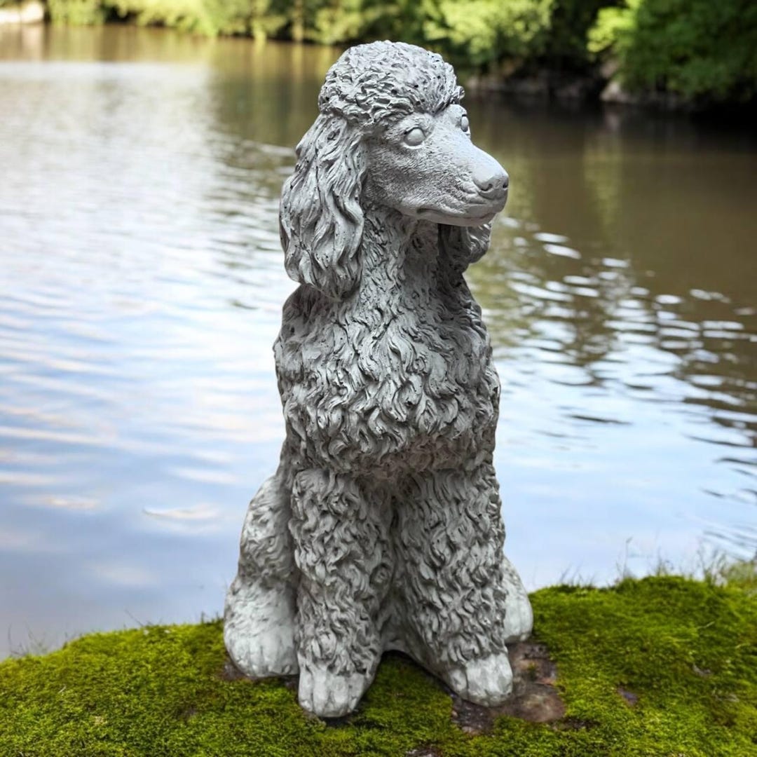 Stone Poodle Figure 11" Small Dog Statue, Sitting Poodle Sculpture, Pet ...
