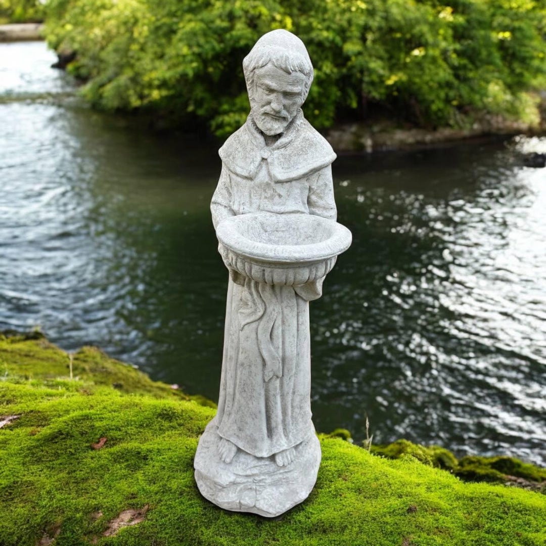 Garden Monk Sculpture 22" Lawn Religious Art, Stone Bird Bath Idea ...