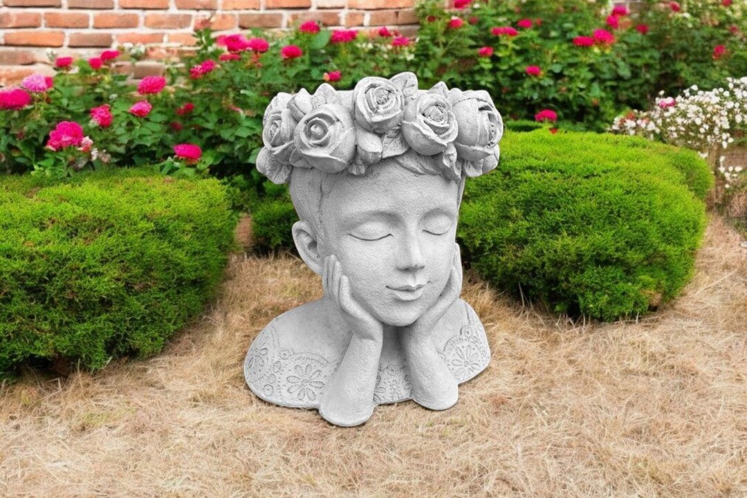 Girl With Roses in Head 11" Stone Head Planter, Lady Head Flower Pot ...