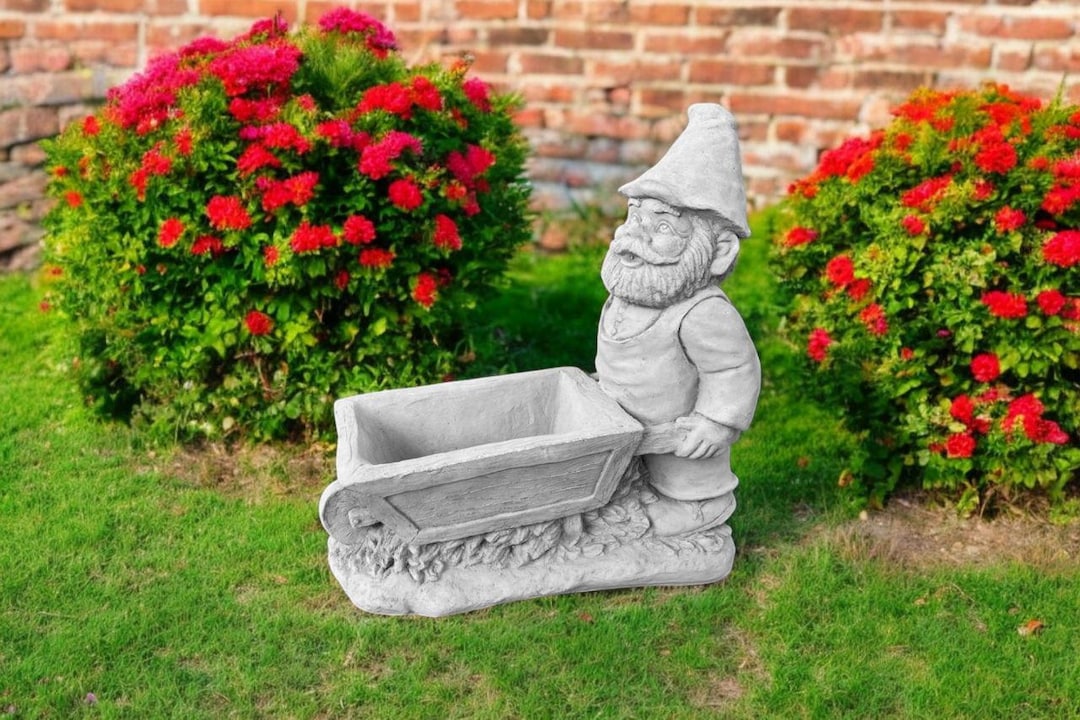 Standing Gnome With Wheelbarrow Figure 18" Garden Troll Statue, Stone ...