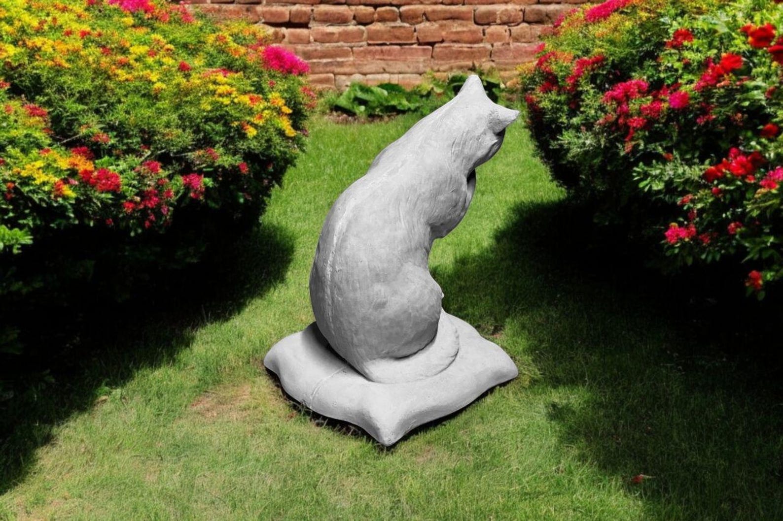 Cat Licking Paw Statue 15" Yard Kitten Figure, Cat Grave Marker, Pet ...