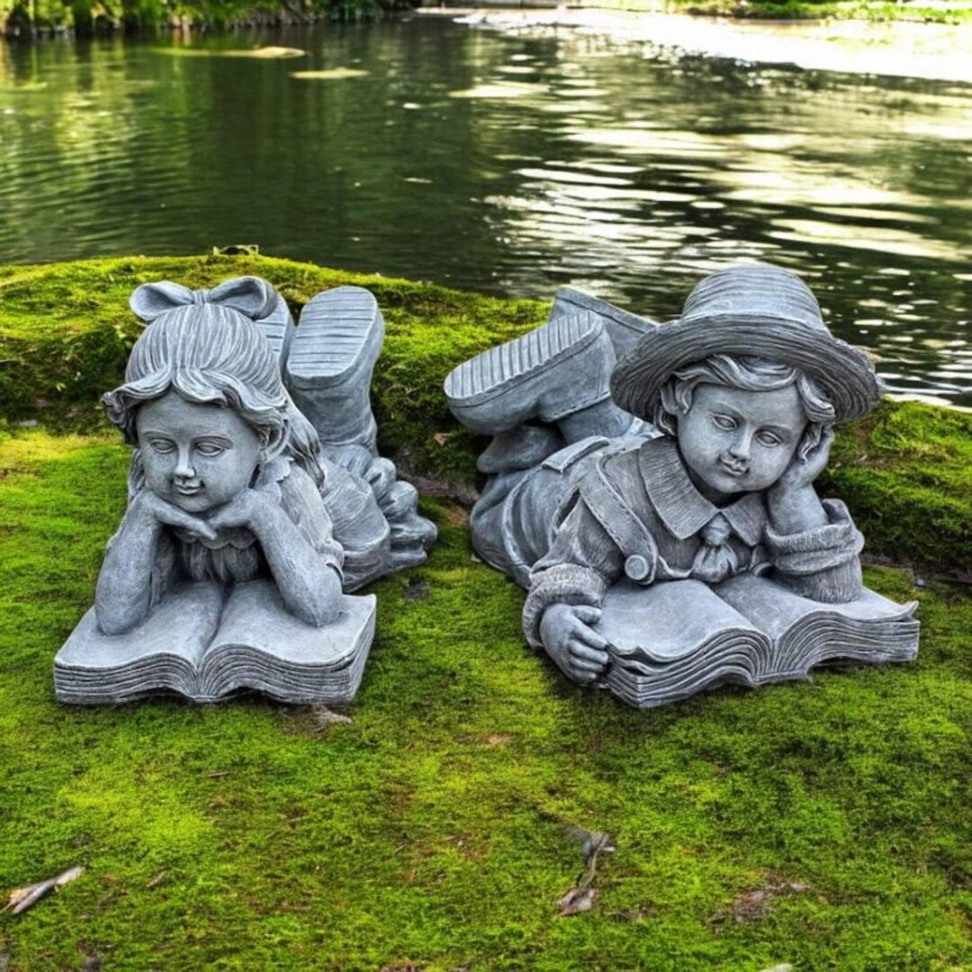 Concrete Kids Statues 13" Girl Reading Book, Laying Boy Statue, Kid ...