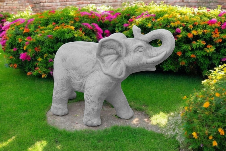 Detailed Elephant Statue 8" Concrete Standing Wild Animal Figurine ...
