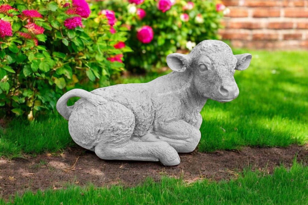 Stone Cow Sculpture 11" Laying Cow, Animal Garden Decoration, Cow Decor ...