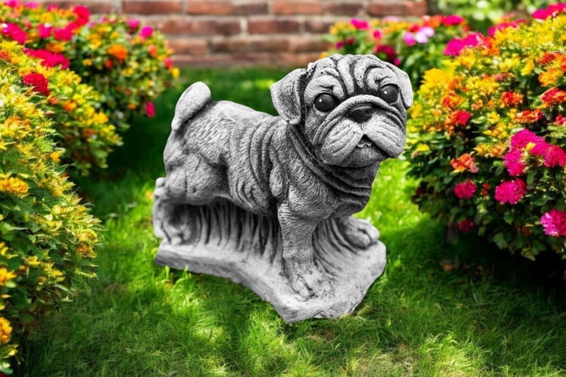 Concrete Puppy Pug Statue 6" Standing Pug on Base Figure, Pet Memorial ...