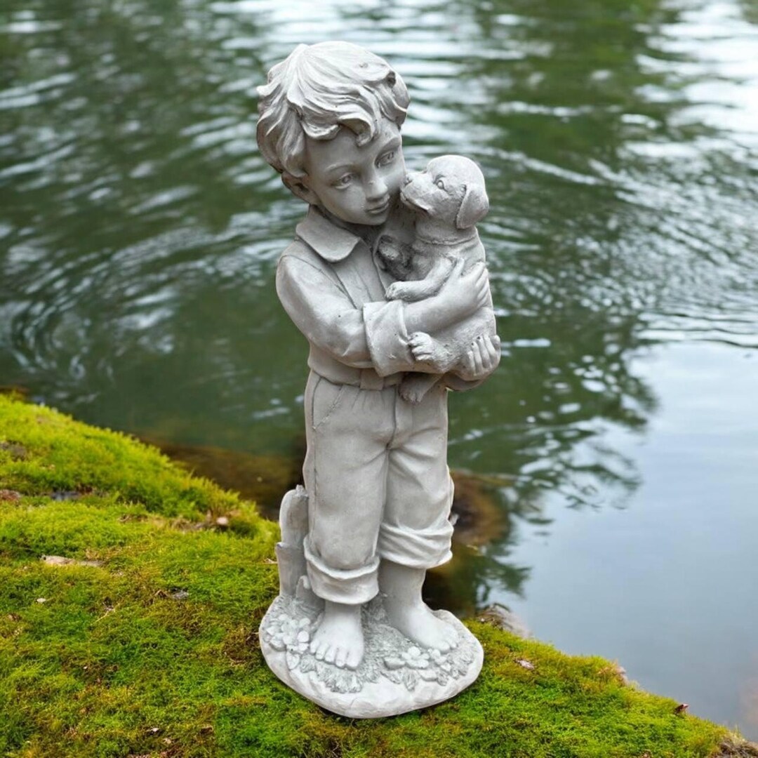 Boy With Puppy 19" Concrete Boy Statue, Child Outdoor Figure, Outdoor ...