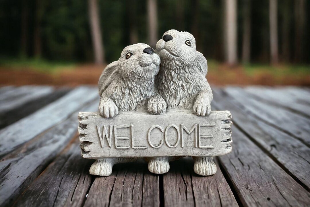 Concrete Welcome Rabbits Statue 10" Cement Two Bunnies Welcome ...