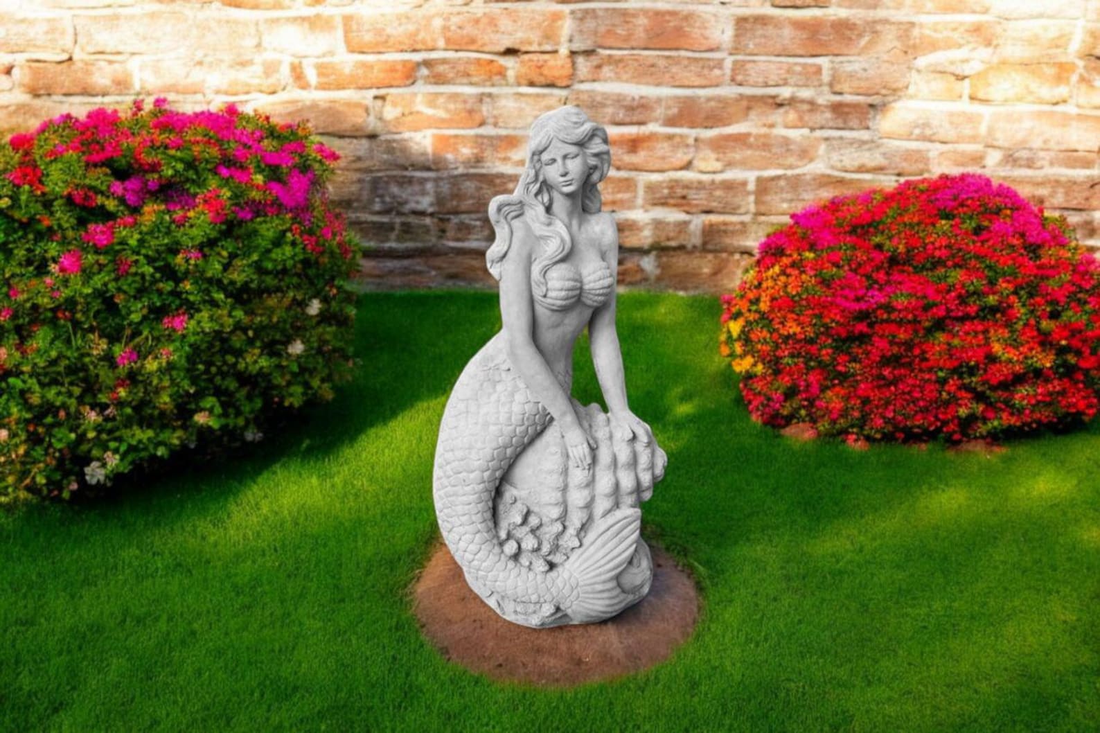 Garden Mermaid Figure 24" Concrete Sitting Girl on Stand Statue ...