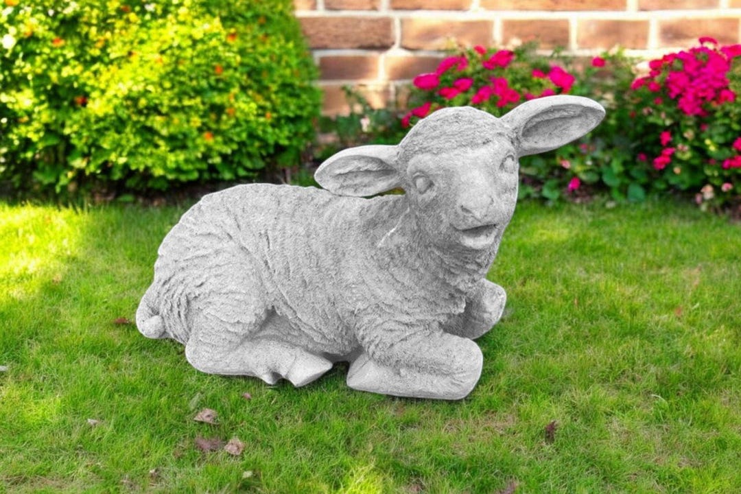 Yard Lamb Sculpture 9" Outdoor Sheep Figurine, Stone Farm Animal, Lawn ...