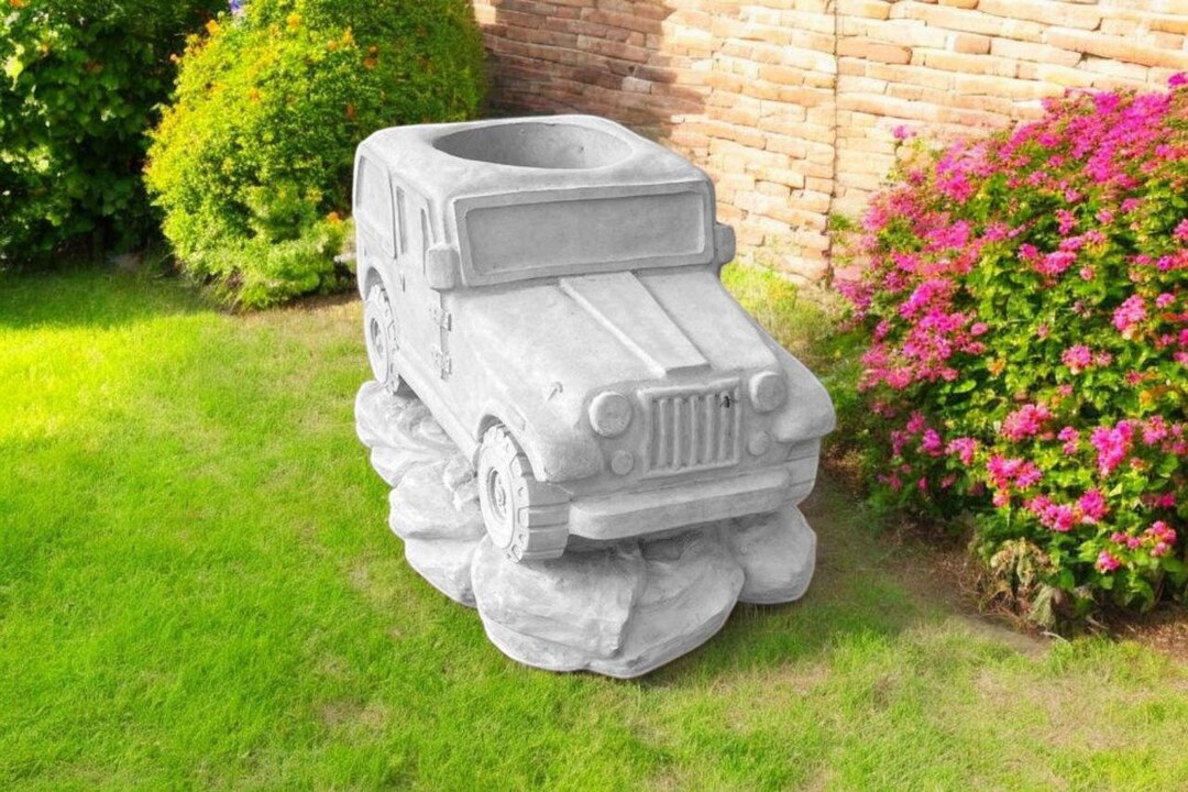 Stone Car Planter 10" Large Plant Pot Art, Backyard Car Ornament, Solid ...