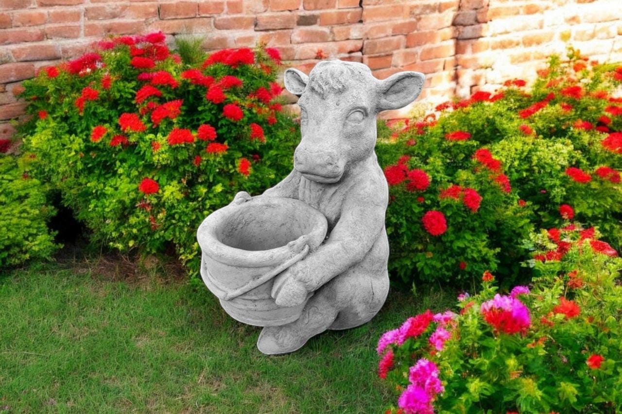 Cow With Plant Pot 13" Stone Cow Sculpture, Outdoor Flower Pot, Farm ...