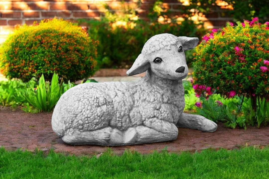 Realistic Lamb Outdoor Statue 6" Laying Farm Animal Figure, Concrete ...