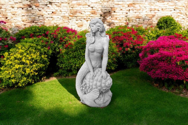 Garden Mermaid Figure 24" Concrete Sitting Girl on Stand Statue ...