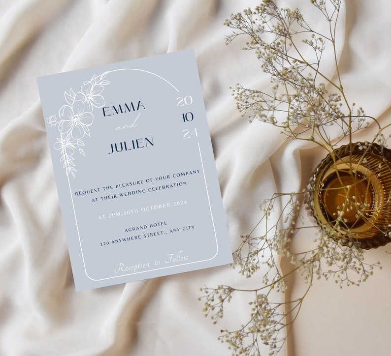 Floral Dusty Blue Wedding Invitation Suite, Arch Wedding Template Dusty ...
